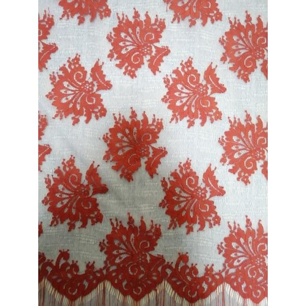 Quality Red Eyelash Scallop Edge Floral Embroidered Mesh Fabric for sale