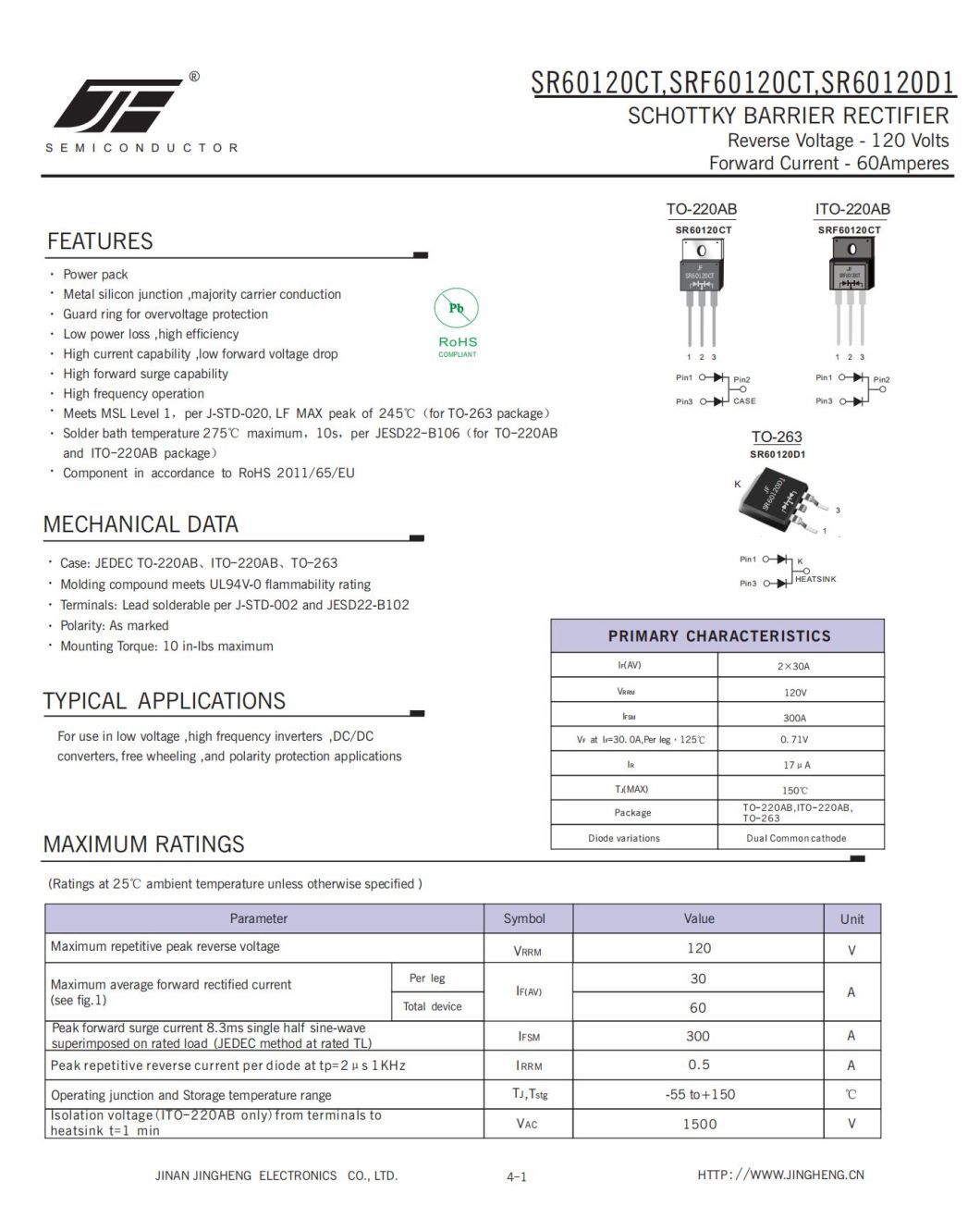 SR6045LD1/SR6060LD1/SR6080LD1/ SR60100LD1 60A CURRENT LOW VF SCHOTTKY DIODE WITH TO-263 PACKAGE