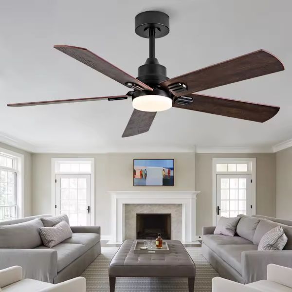 Quality 52 Inch Modern Black Ceiling Fan 5 Deep Walnut Blades Quiet Reversible DC Motor LED Ceiling Fan with Light Large Ceiling Fan for sale