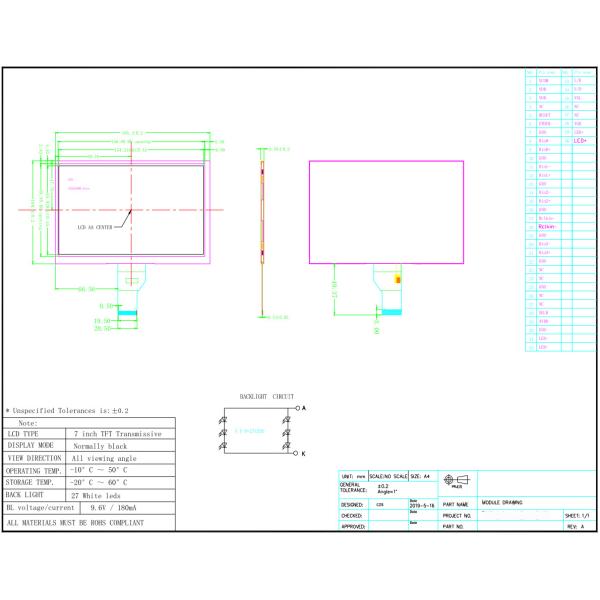 Quality IPS 1024x600 Standard TFT LCD Display LVDS 7 Inch Transmissive for sale