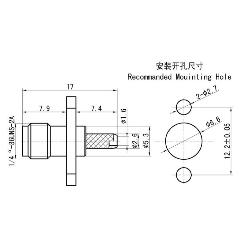 SMA Female RF Coaxial Connector - Flange-Mounted Socket for Mating with RG 316/U Cable