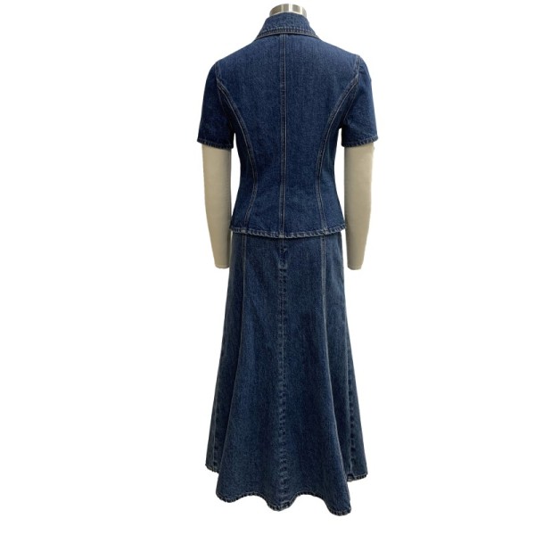 Quality Two Piece Denim Set Featuring A Tailored Jacket And Flared Midi Skirt for sale