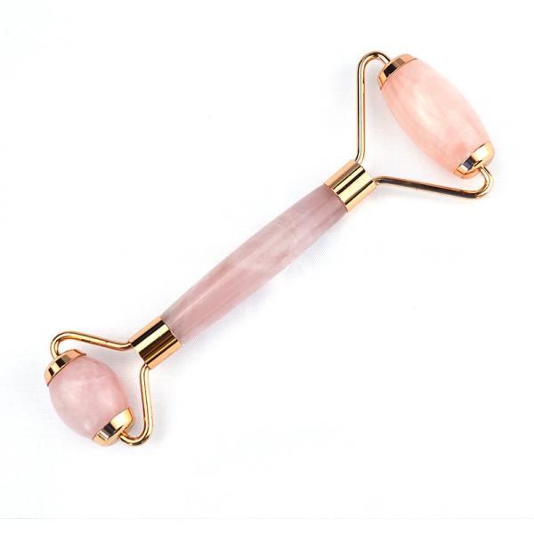 Quality Customized Logo Availabled Natural Rose Quartz Gold Handle Facial Jade Roller Pink Crystal Massager For Skin Beauty Treatment for sale