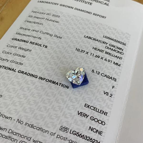 Quality 5.12ct Heart Lab Grown Diamonds CVD F VS2 2EX N IGI LG566326236 for sale