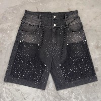 Quality Manufacturer Custom Streetwear All Over Crystal Rhinestones Jorts Jeans Denim for sale