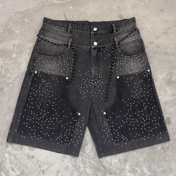 Quality Manufacturer Custom Streetwear All Over Crystal Rhinestones Jorts Jeans Denim Shorts Streetwear Acid Wash Baggy Shorts for Men for sale