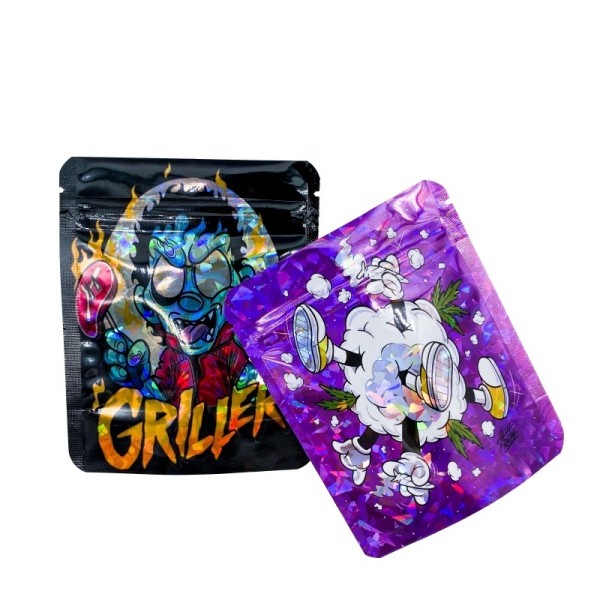 Quality Custom Holographic 3.5g Mylar Bags with Zipper | Laser Rainbow Prism Printed Stand Up Pouch Smell Proof Food Candy Gummies Packaging OEM ODM Manufacturer for sale