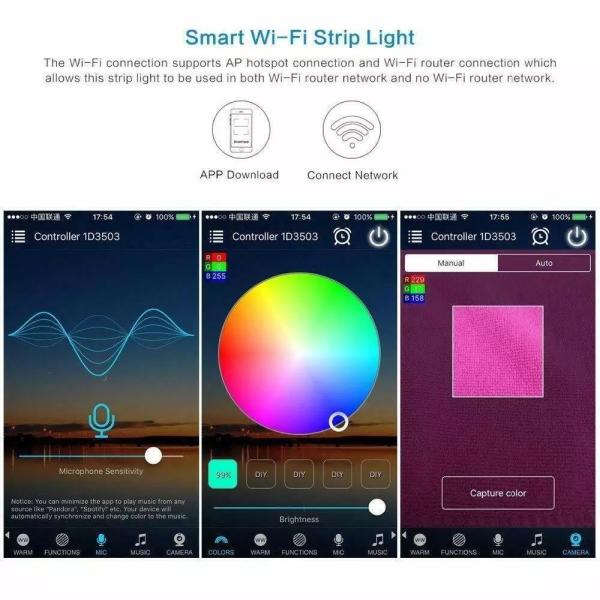 Quality 5m 10m 15m Indoor and Outdoor Bluetooth/Wifi Remote Control Smart Strip Lights for sale