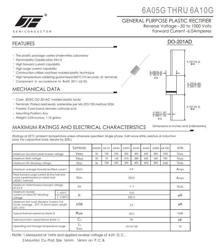 6A10G 6A/1000V Solar Bypass Photovoltaic Diode Used in PV Box