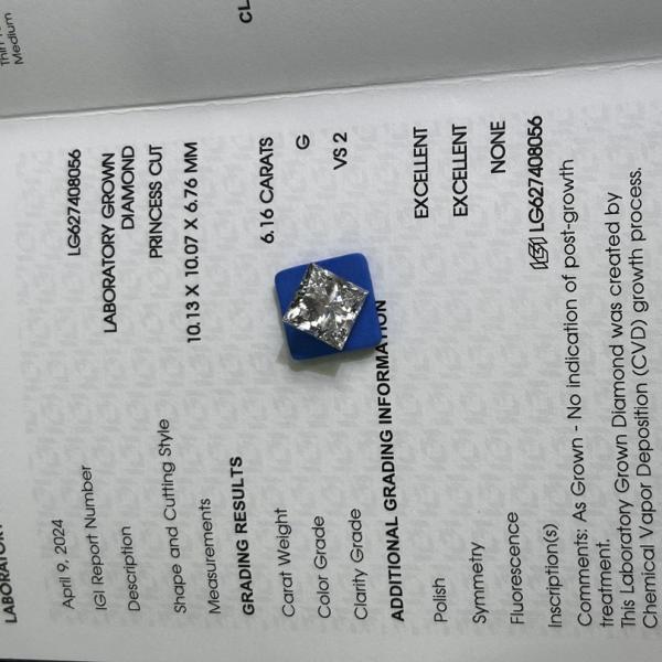 Quality 6.16 Carat G VS2 2EX CVD Princess Cut Lab Created Diamond  IGI Certificated for sale