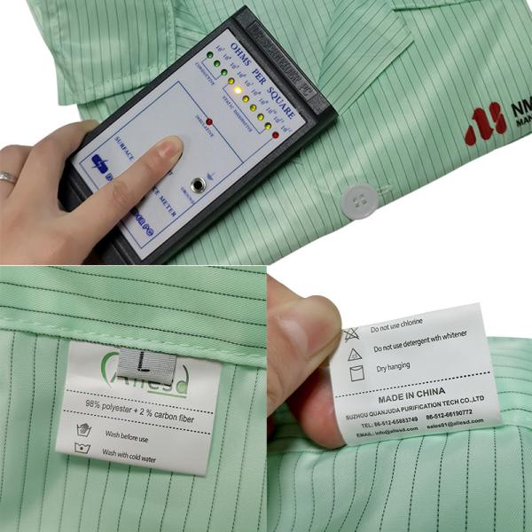 Quality 2 Side Pockets Lapel Collar Button 5mm Carbon Stripe ESD Cleanroom Gown Washable for sale