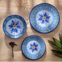 Quality Melamine Dinnerware Set,12pcs Plates and Bowls Sets, Blue Dinnerware Sets for 4 for sale