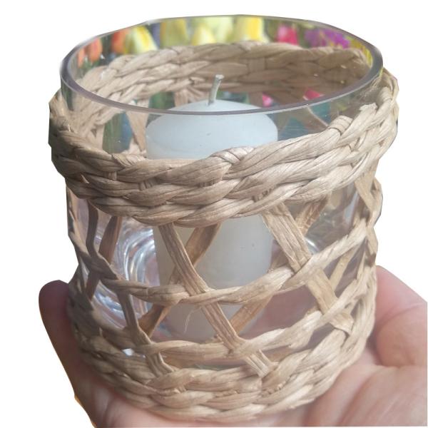 Quality Round Creative Glass Candle Holders With Wicker Sleeve for sale