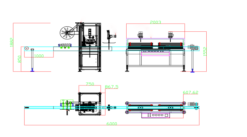 Technical drawing of milk bottle sleeve shrinking machine with three furnaces