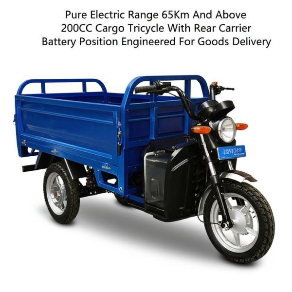 Quality Pure Electric Range 65Km And Above 200CC Cargo Tricycle With Rear Carrier Battery Position Engineered For Goods Delivery for sale