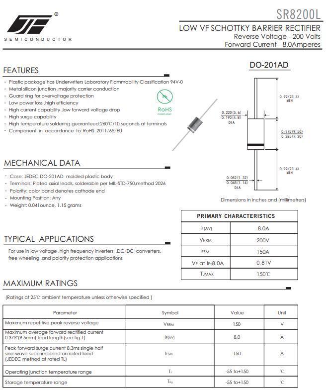 SR840L/SR860L /SR8100L /SR8150L / SR8200L LOW VF SCHOTTKY DIODE