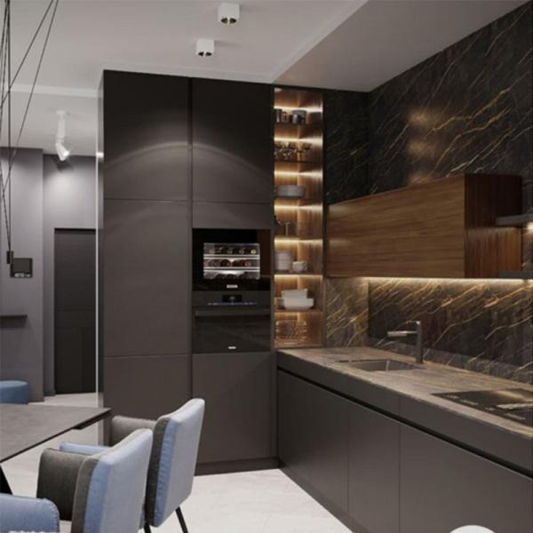 Quality Complete Glossy Melamine Board Kitchen Cabinet Set with Flat Edge Countertop for sale