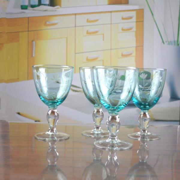Quality Vintage Scandinavian Style Engraved Turqoise Crystal Wine Glass , Clear Goblet Glasses for sale