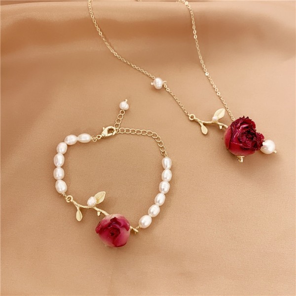 Quality French Vintage Pastoral Style Branch Leaves Immortal Flower Rose Freshwater Pearl Bracelet Necklace for sale