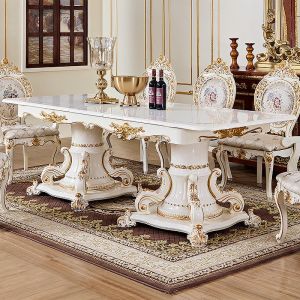 Quality French Royal Luxury White Wooden Dining Table Set 6 Seater Chairs Villa for sale
