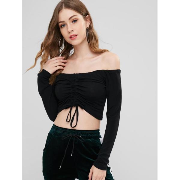 Quality Women Off Shoulder And Long Sleeve Drawstring Front Crop T-shirt for sale