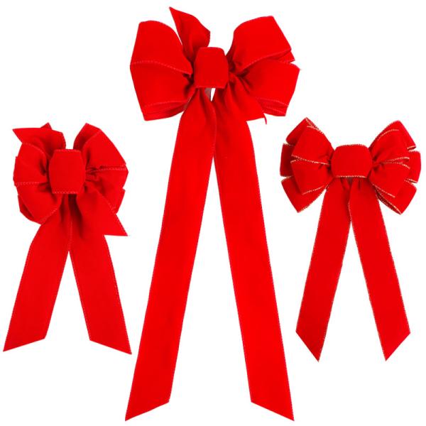 Quality Polyester/Jute Wired Red Velvet Big Ribbon Bows for Christmas Tree Decoration for sale