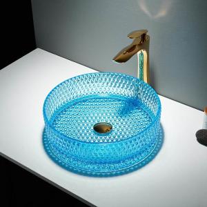 Quality Clear Sky Blue Glass Vessel Basins Bathroom Sink Round Sky Blue Crystal for sale