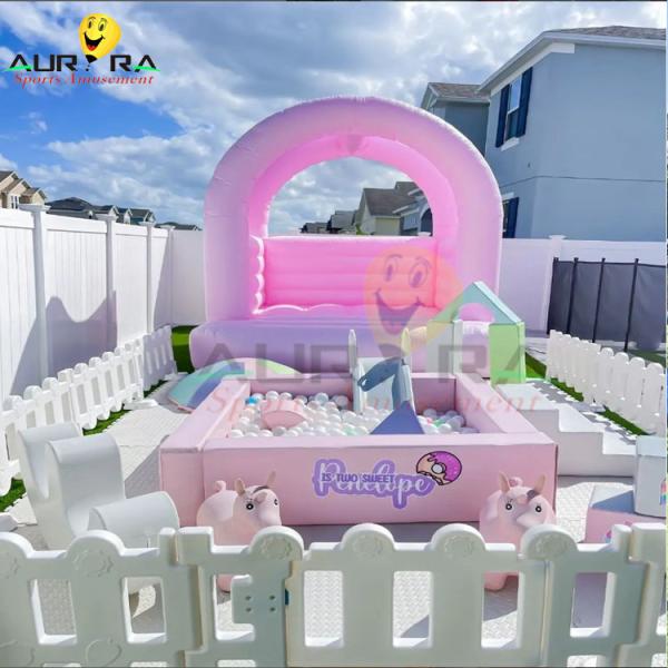 Quality Pink Toddler Inflatable Soft Play Equipment Rainbow Kids Bouncer Set With Slide for sale