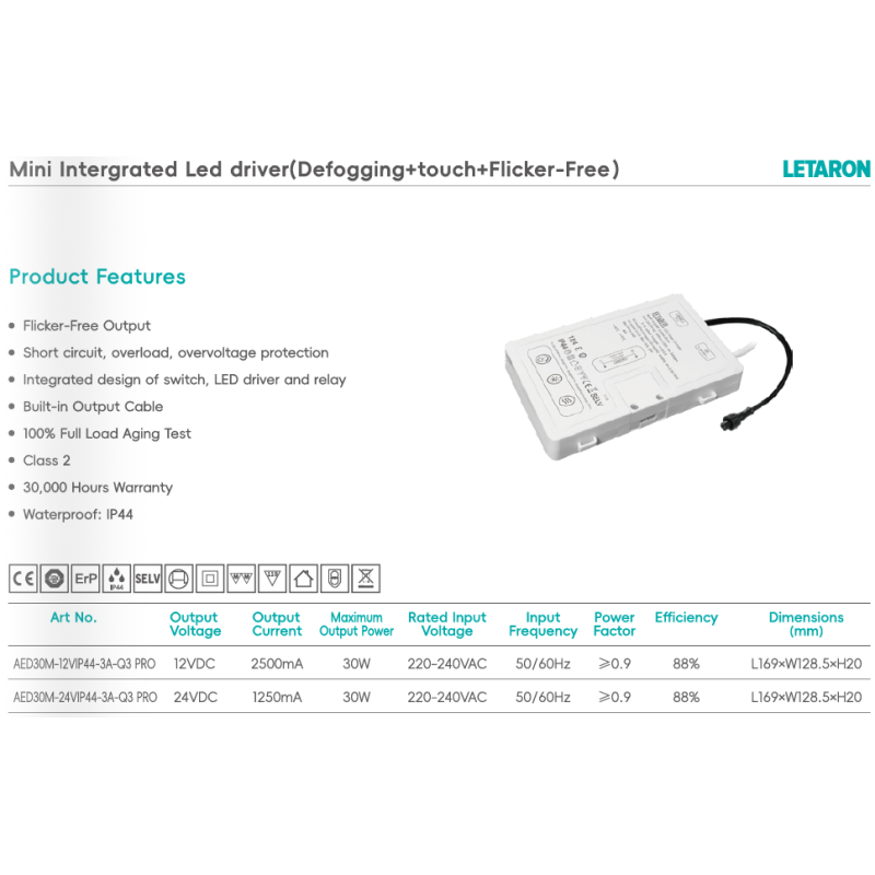 Quality LETARON 30W Flicker-free IP44 Led Driver, CV LED Transformer for Bathroom mirror for sale