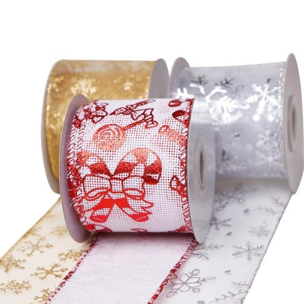 Quality Christmas Iron Wire Decoration Ribbon in 63mm Size with Wired Burlap Design for sale