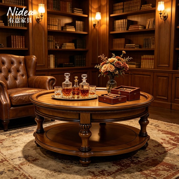 Quality Traditional Solid Wood Round Coffee Table Classic 2-Tier Center Table with Tray Top & Carved Legs Vintage Living Room Furniture for sale