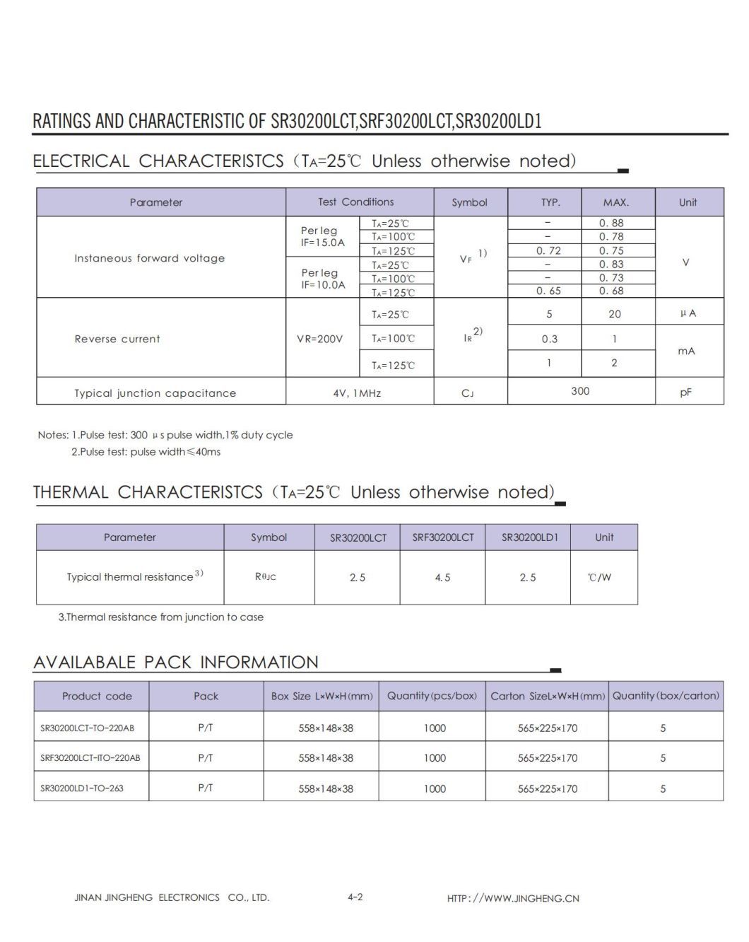SR3045LD1/SR3060LD1/SR3080LD1/SR30100LD1/SR30120LD1/SR30200LD1 SERIES 30A LOW VF SCHOTTKY DIODE WITH TO263 PACKAGE