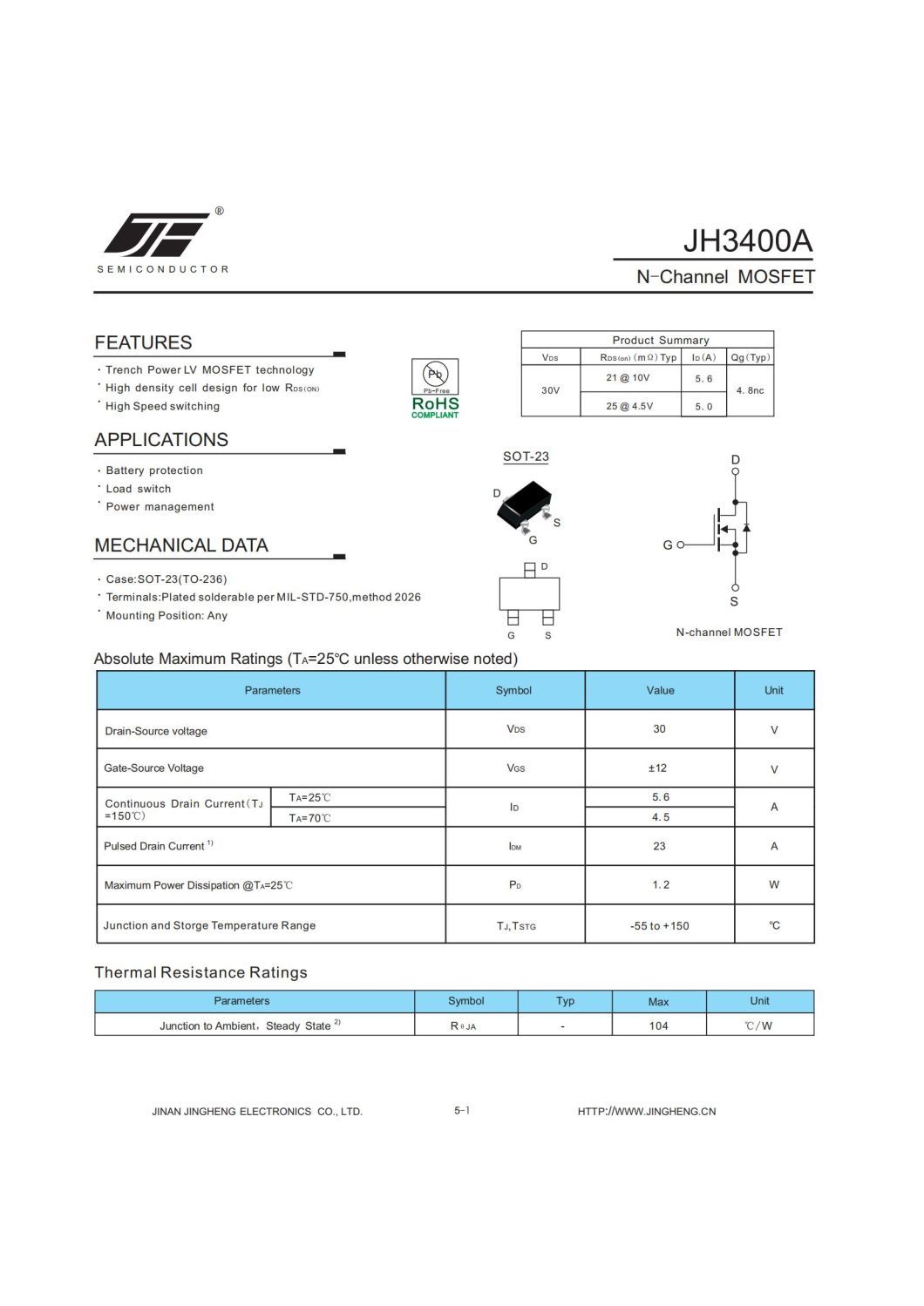 N-Channel MOSFETs JH3400A With SOT-23 Package