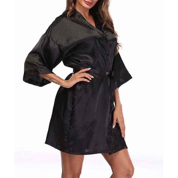 Quality Black Sexy 100% Mulberry Silk Nightgown Short Plain Dyed 200Gsm Weight for sale
