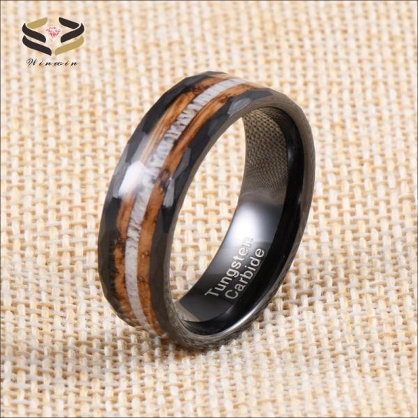 Quality 8mm Hammered Whiskey Barrel Wood and Deer Antler Inlay Black Tungsten Rings Children's Wedding Bands Gender Children's for sale