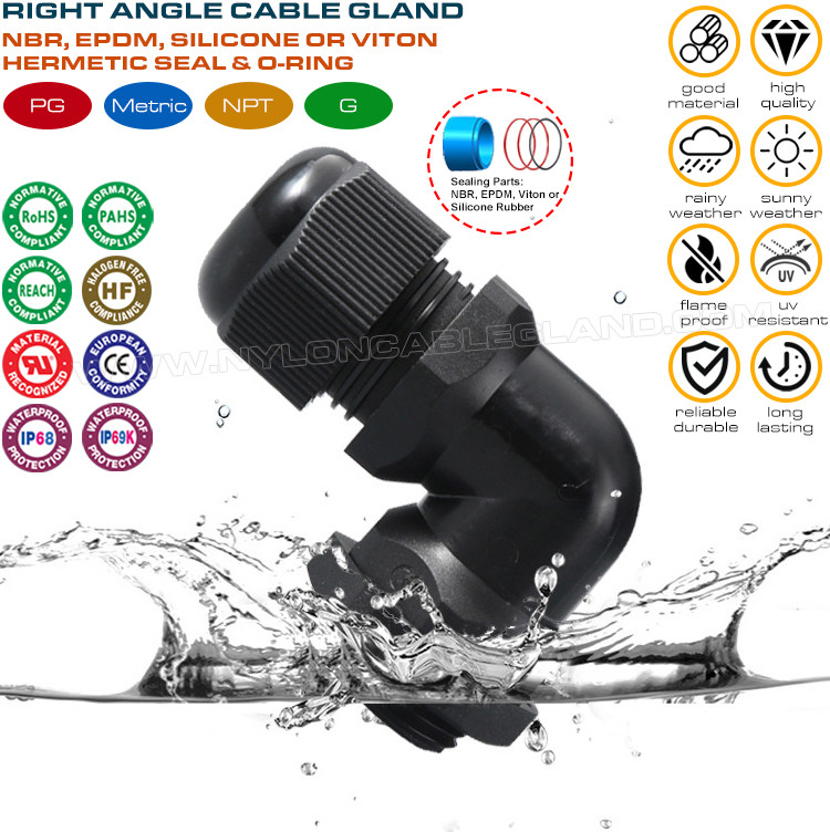 IP68 Right Angle (Elbow) Plastic Cable Glands PG9~PG29 / M16~M32 / NPT3/8"~NPT1" with PG, Metric & NPT Threads