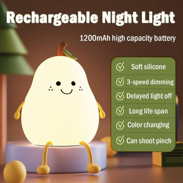 Quality LED Smart Pear Fruit Night Light USB Rechargeable Dimming Silicone Table Lamp for sale