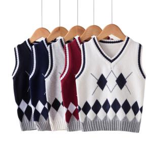 Quality OEM Tartan Knitted Waistcoat 100% Cotton Preppy Sweater Vest For Kids for sale