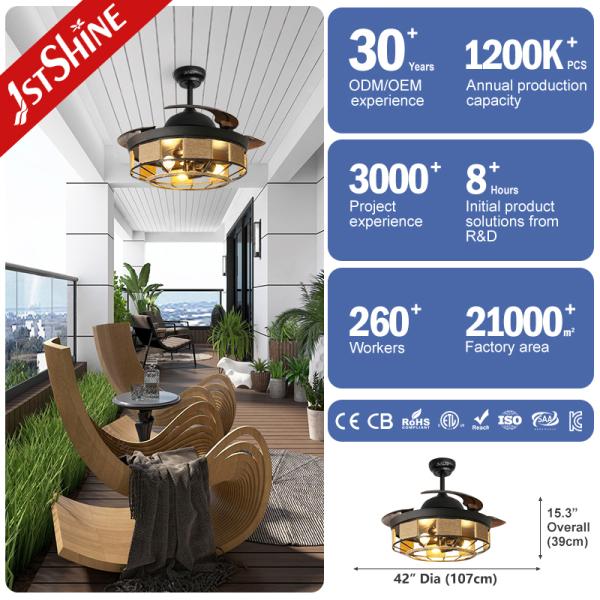 Quality 42 Inch Black Retractable Ceiling Fan With Light Remote Control for sale