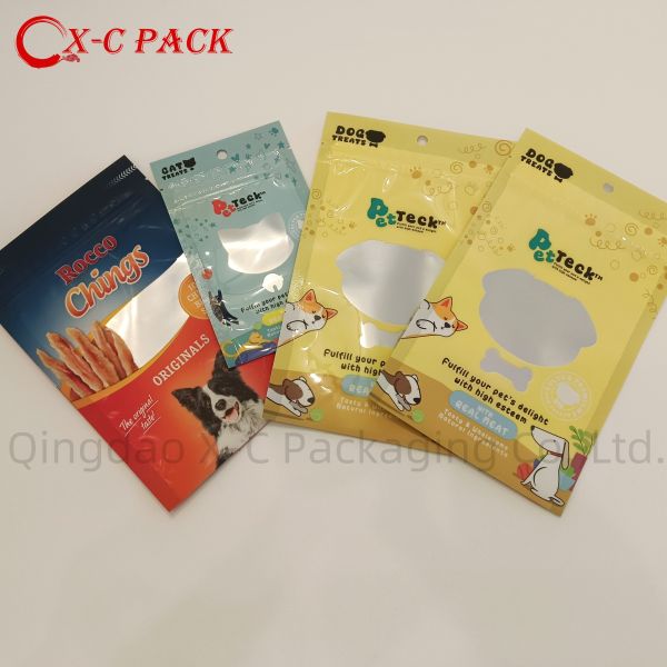 Quality Recyclable plastic pet food packaging aluminized stand stand bag can be resealed with window three side seal for sale