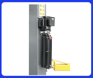 Front perspective of 2 post car lift with vehicle platform