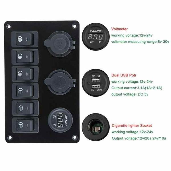 Quality Dual USB LED Voltmeter 6 Gang Marine Switch Panel DC12V/24V Compact for sale