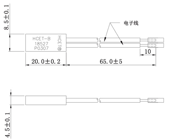 HCET-B thermal cutoff switch dimensional drawing showing exact measurements