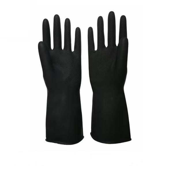 Quality 32CM Black Industrial Rubber Gloves Unflocked Lining Alkali Resistance for sale