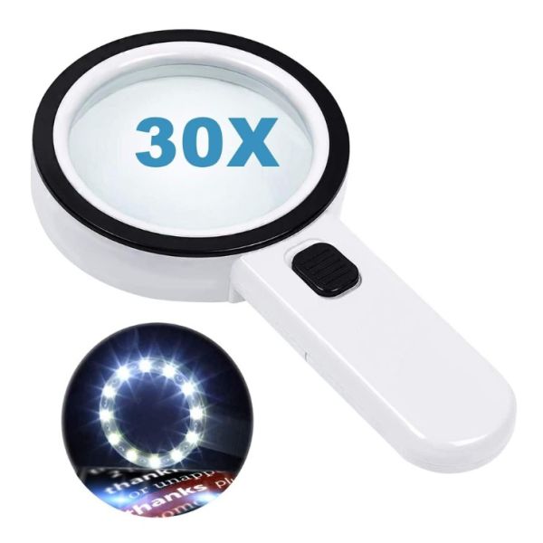 Quality 30x Portable High Power Handheld Magnifying Glass With 12 Led Light Double Glass Lens Jumbo Illuminated Magnifier Glasses for sale