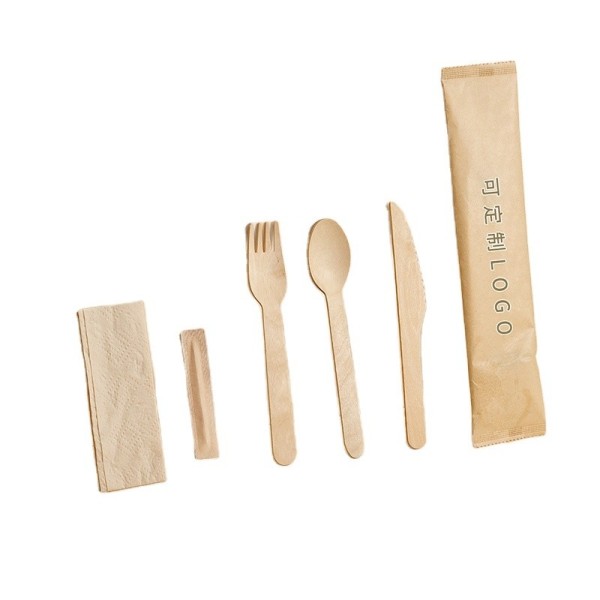 Quality Restaurant Biodegradable Cutlery Set Disposable Wooden Spoons Knives and Forks with Napkin for sale
