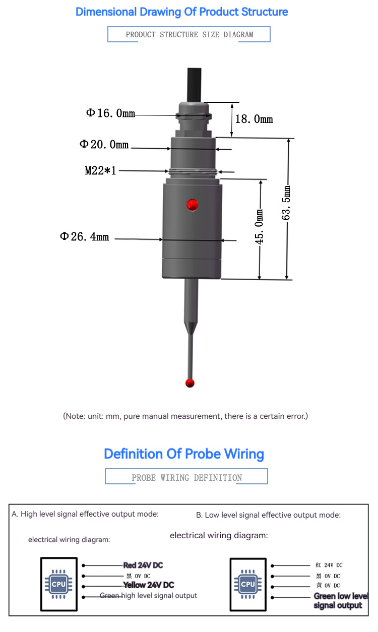 Universal IP68 stainless steel 316 CNC machine tool high precision wired probe sensor with LED indicators MP25-1