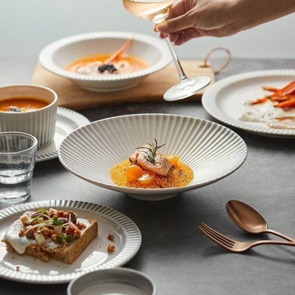 Quality Disposable Dinner Plates Bowls Cups Set with Relief Design in Nordic Modern Style Matte Glazed Ceramic for sale