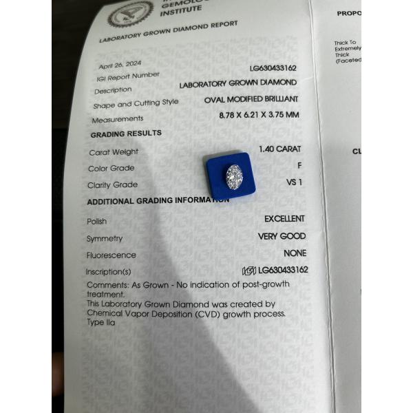 Quality 1.4 Carat Lab Grown Diamond Oval Cut CVD F VS1 EX VG N IGI LG630433162 for sale