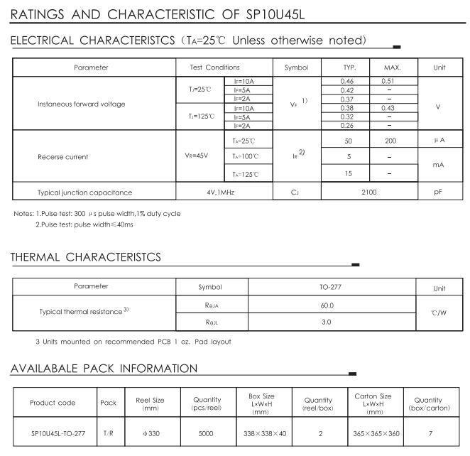 TO-277 Package SP10U45L/SP10U80L/SP10U100L/SP10U150L/SP10U200L 10A Current Low Vf Schottky Diode